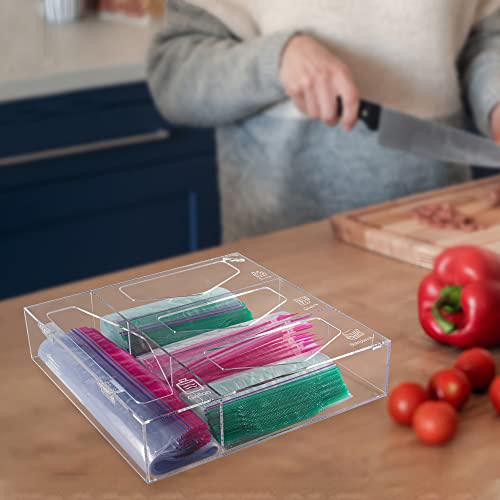 Ziplock Bag Storage Organizer, Acrylic Food Storage Bag Holder Dispenser for Kitchen Drawer, Baggie Organizer for Gallon Quart Sandwich Snack Bags, Compatible with Ziploc, Solimo, Glad, Hefty