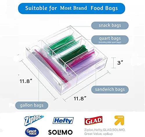 Ziplock Bag Storage Organizer, Acrylic Food Storage Bag Holder Dispenser for Kitchen Drawer, Baggie Organizer for Gallon Quart Sandwich Snack Bags, Compatible with Ziploc, Solimo, Glad, Hefty