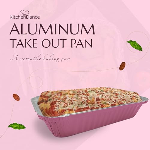 KitchenDance Colored Shallow Take Out Pans with Plastic lid - 1.5 Pounds Food Storage Aluminum Foil Baking Pan - Aluminum Pans Perfect for Cooking, Freezing, Preparing Food, 6417P (Pink, 125)