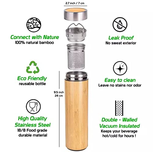 ECO Friendly Bamboo Tumbler - Tea Infuser and Strainer | Water Coffee and Tea Bottle | Stainless Steel Thermos | Vacuum Insulated Travel Tea Gift | Biodegradable | By GreenRO ANZ