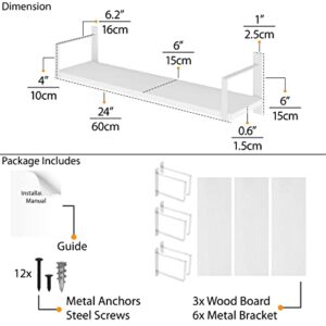 Wallniture Toledo 24"x6" White Floating Shelves for Storage, Wall Bookshelves Living Room Decor, Kitchen Organization, Bathroom Storage, Office Wall Shelf Set of 3