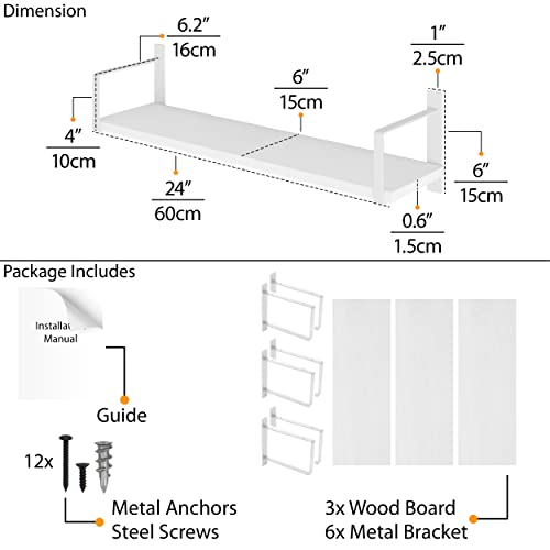 Wallniture Toledo 24"x6" White Floating Shelves for Storage, Wall Bookshelves Living Room Decor, Kitchen Organization, Bathroom Storage, Office Wall Shelf Set of 3