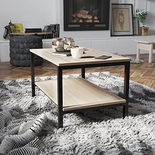 Flash Furniture Finley 2-Tier Rectangular Coffee Table - Modern Engineered Driftwood Finish Top - Black Steel Tube Frame - Lower Shelf