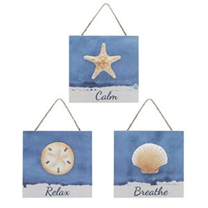 selead beach decor summer wall art - set of 3 calm breathe relax words sign, 5" square ocean coastal themed 3d seashell starfish for bathroom bedroom, blue