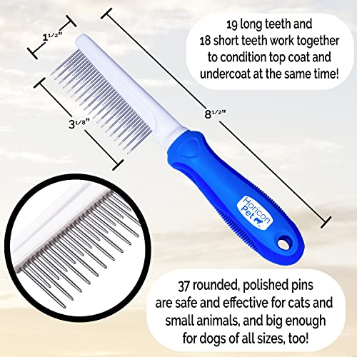 Horicon Pet Detangling Grooming Comb with Long & Short Stainless Steel Metal Teeth - Dogs, Cats & Small Animals for Removing Matted Fur, Knots & Tangles