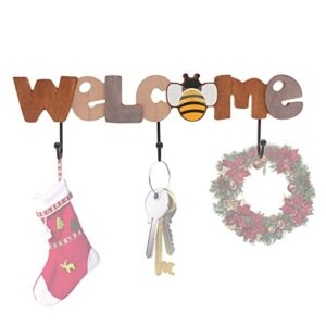 selead wooden welcome letter sign with 3 hooks - wall hanging key holder for front door, entryway, farmhouse, rustic home decor cute cutout bee