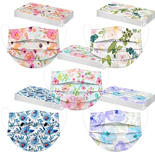 50 PCs Floral Disposable Face_Mask Adults 3Ply Spring Summer Colorful Paper Masks Beautiful Printed Facemask Women Men (50 PACK, Flower-4)