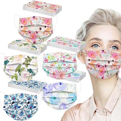 50 PCs Floral Disposable Face_Mask Adults 3Ply Spring Summer Colorful Paper Masks Beautiful Printed Facemask Women Men (50 PACK, Flower-4)