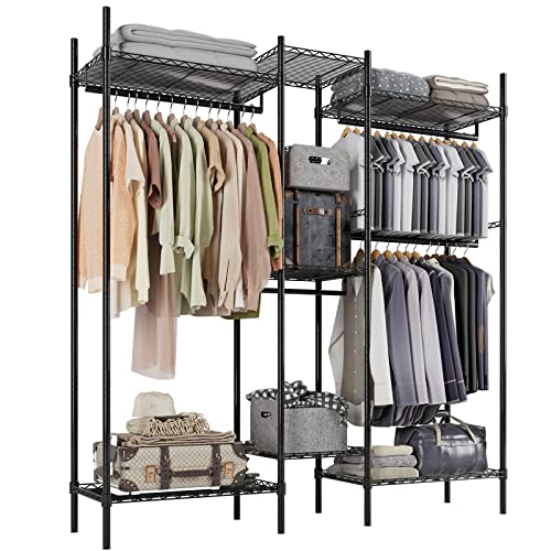 finetones Wire Garment Rack, Multi-Purpose Wire Clothes Rack with 5-Tire Storage Shelf, Heavy Duty Freestanding & Adjustable Wardrobe Closet With Large Metal Shelves For Hanging Clothes, Shoes