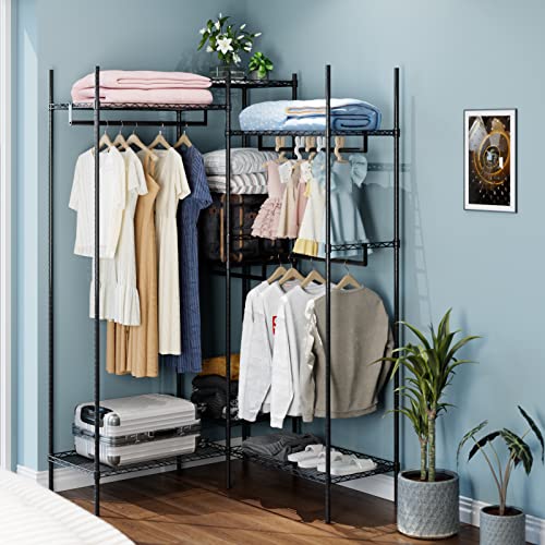 finetones Wire Garment Rack, Multi-Purpose Wire Clothes Rack with 5-Tire Storage Shelf, Heavy Duty Freestanding & Adjustable Wardrobe Closet With Large Metal Shelves For Hanging Clothes, Shoes