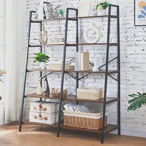 hombazaar bookshelf, 5-tier industrial bookshelf, wide double ladder bookcase wood and metal bookshelves for home office living room,brown