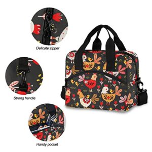 Rooster and Chickens Insulated Lunch Bag for Women Men Reusable Water-resistant Lunch Tote Bag Lunch Box Cooler Bag for School Work Picnic