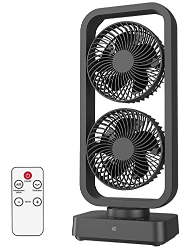 16 Inch Desk Fan, 5000mAh Battery Operated Fan ,Oscillation Tower Fan with Remote, Portable Rechargeable Table Fan with 2 Fan Heads, 270° Oscillation Personal Fan for Bedroom Office Camping Travel