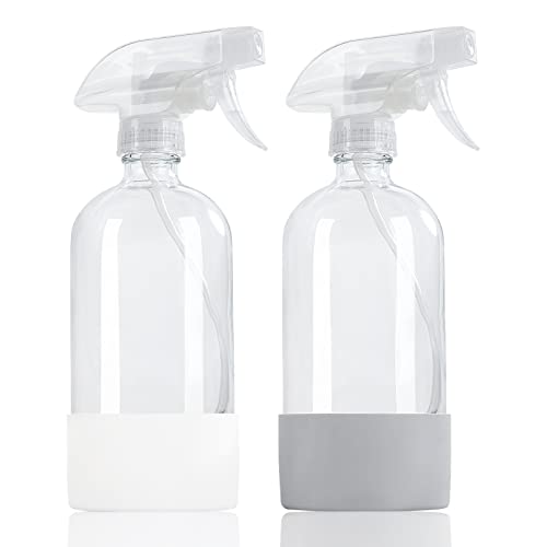 HOMBYS Empty Clear Glass Spray Bottles with Silicone Sleeve Protection - Refillable 17 oz Containers for Cleaning Solutions, Essential Oils, Misting Plants - Quality Sprayer - 2 Pack