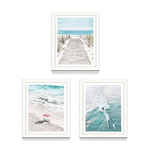 Bathroom Beach Framed Wall Art: 3 Piece Coastal Nautical Surfing Painting Bedroom Relax Picture Seascape Modern Artwork Large Ocean Nature Photo Sea Scenery Print for Living Room Office