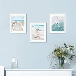 Bathroom Beach Framed Wall Art: 3 Piece Coastal Nautical Surfing Painting Bedroom Relax Picture Seascape Modern Artwork Large Ocean Nature Photo Sea Scenery Print for Living Room Office