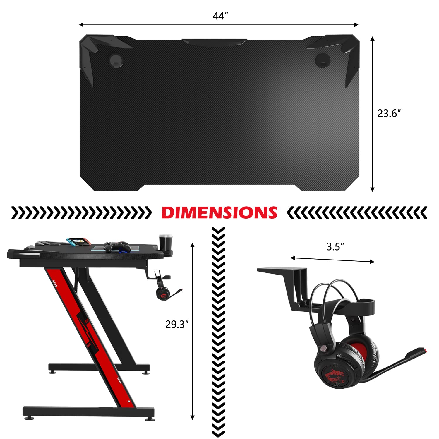 Shahoo PC Gaming Desk 44 Inch Z Shaped Carbon Fiber Surface Desktop Computer Table with Cup Holder & Headphone Hook, 44 in, Black