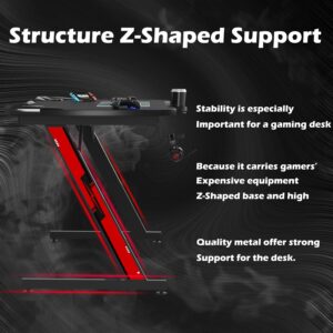 Shahoo PC Gaming Desk 44 Inch Z Shaped Carbon Fiber Surface Desktop Computer Table with Cup Holder & Headphone Hook, 44 in, Black