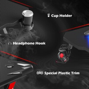 Shahoo PC Gaming Desk 44 Inch Z Shaped Carbon Fiber Surface Desktop Computer Table with Cup Holder & Headphone Hook, 44 in, Black