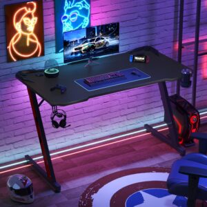 Shahoo PC Gaming Desk 44 Inch Z Shaped Carbon Fiber Surface Desktop Computer Table with Cup Holder & Headphone Hook, 44 in, Black