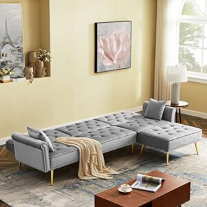 kevinplus Convertible Sofa Bed, Sleeper Modern Living Room Velvet Sofa Bed Sectional Couch for Living Room, Velvet Fabric (Grey)