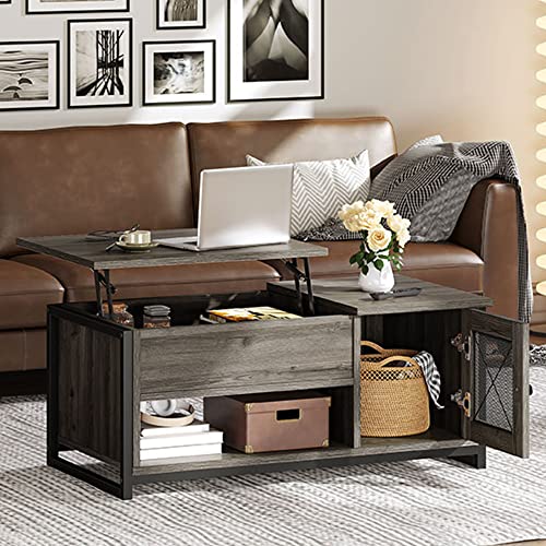 YITAHOME Lift Top Coffee Table with Storage, Double Doors Mid-Century Cocktail Table with Hidden Compartment Storage Cupboard, Wood Tea Center Table Living Room Table for Home Office, Grey Wash