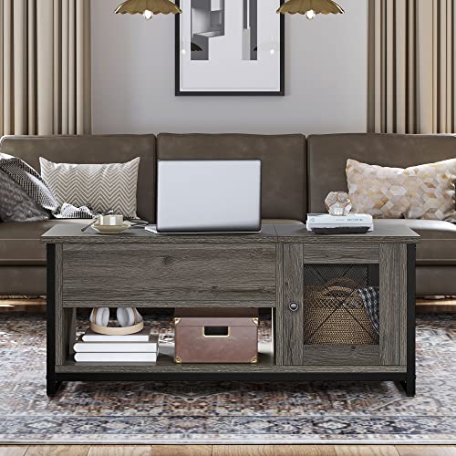 YITAHOME Lift Top Coffee Table with Storage, Double Doors Mid-Century Cocktail Table with Hidden Compartment Storage Cupboard, Wood Tea Center Table Living Room Table for Home Office, Grey Wash