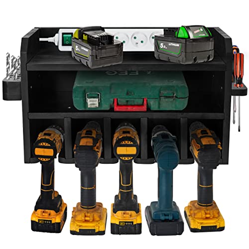 Drill Storage Rack - Cordless Drill Charging Station - Wall Mounted Power Tool Holder - Garage Toolbox Organizer with Screwdriver Organizer and Drill Bit Holder - Natural Wood (Black)