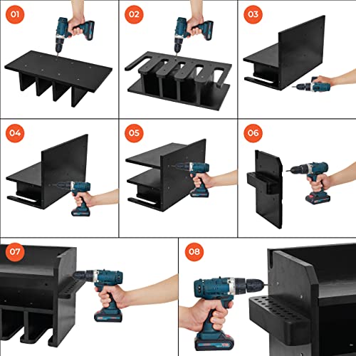 Drill Storage Rack - Cordless Drill Charging Station - Wall Mounted Power Tool Holder - Garage Toolbox Organizer with Screwdriver Organizer and Drill Bit Holder - Natural Wood (Black)