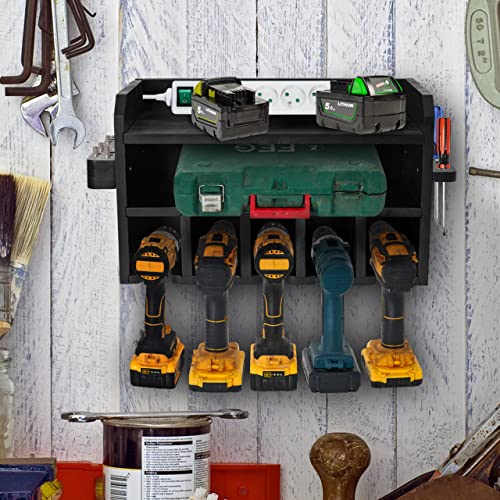 Drill Storage Rack - Cordless Drill Charging Station - Wall Mounted Power Tool Holder - Garage Toolbox Organizer with Screwdriver Organizer and Drill Bit Holder - Natural Wood (Black)