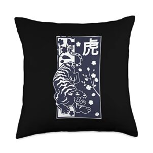 japanese zodiac white tiger streetwear cherry blossom white tiger harajuku japanese aesthetic throw pillow, 18x18, multicolor