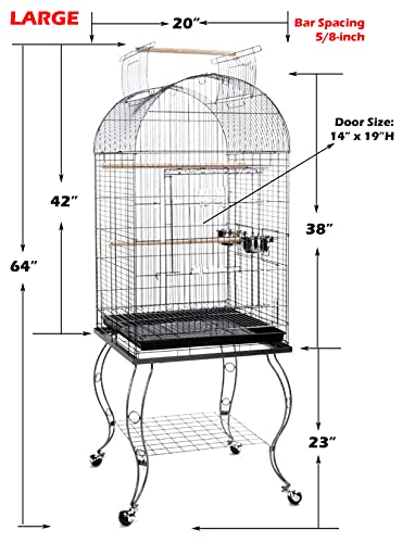 Large 64-Inch Open Dome Roof Top for Parrot Lovebird Cockatiel Cockatiels Parakeets Bird Cage with Removable Stand (20" x 20" x 64"H, Black Vein)