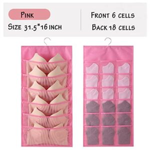 Large Bra holder Organizer Hanging Bra Storage Bra Hanger Especially suitable for sports bra, training bra, socks, baby clothes, shoe,bedroom storage,school dormitory storage(Pink, 1PCS 6+18 Grids)