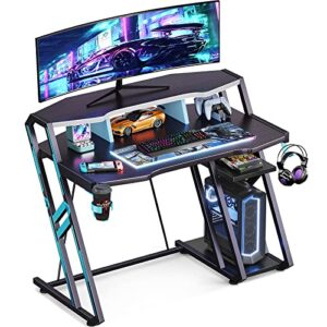 motpk gaming desk with storage shelf 39 inch, computer desk with monitor shelf, gaming table with carbon fiber surface, gamer desk with cup holder & headphone hook, gift for boys men, black