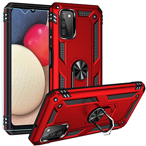 PUSHIMEI for Samsung Galaxy A03S Case with HD Screen Protector (Military Grade 16ft. Drop Tested) Magnetic Ring Holder Kickstand Protective Phone Case for Samsung Galaxy A03S, Red