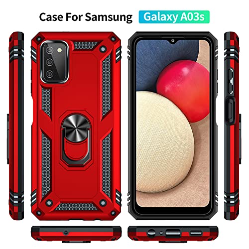 PUSHIMEI for Samsung Galaxy A03S Case with HD Screen Protector (Military Grade 16ft. Drop Tested) Magnetic Ring Holder Kickstand Protective Phone Case for Samsung Galaxy A03S, Red