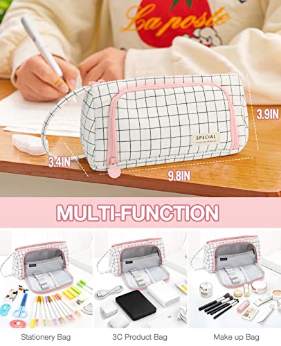 Large Capacity Pencil Case Pen Bag, Pencil Bag Stationery Storage Pencil Pouch, Handheld Makeup Pouch Holder Multi-Compartment Organizer College School Office Supplies for Teen Christams Gift(Grid)