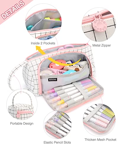 Large Capacity Pencil Case Pen Bag, Pencil Bag Stationery Storage Pencil Pouch, Handheld Makeup Pouch Holder Multi-Compartment Organizer College School Office Supplies for Teen Christams Gift(Grid)