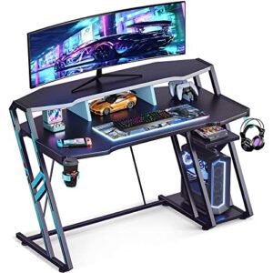 motpk gaming desk with storage shelf 47 inch, computer desk with monitor shelf, gaming table with carbon fiber surface, gamer desk with cup holder & headphone hook, gift for boys men, black