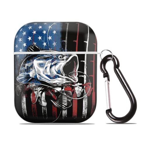 Fishing American Flag USA Bass Fish for AirPods Case Cover for Airpods 1&2, Wireless/Wired Charging Protective AirPods Case with Keychain White