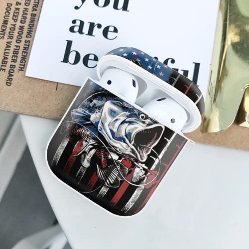 Fishing American Flag USA Bass Fish for AirPods Case Cover for Airpods 1&2, Wireless/Wired Charging Protective AirPods Case with Keychain White