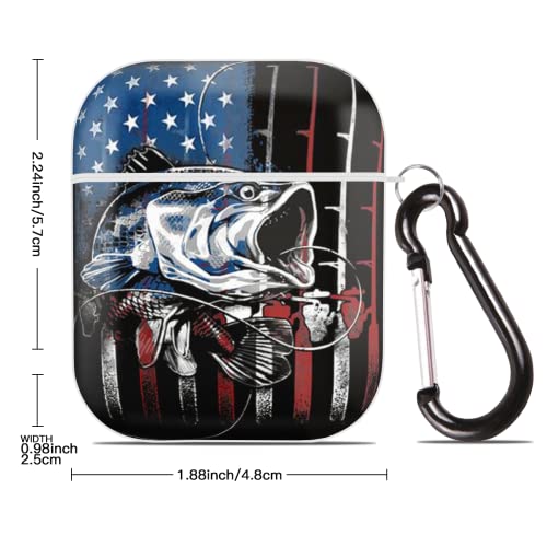 Fishing American Flag USA Bass Fish for AirPods Case Cover for Airpods 1&2, Wireless/Wired Charging Protective AirPods Case with Keychain White