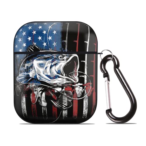 Fishing American Flag USA Bass Fish for AirPods Case Cover for Airpods 1&2, Wireless/Wired Charging Protective AirPods Case with Keychain Black