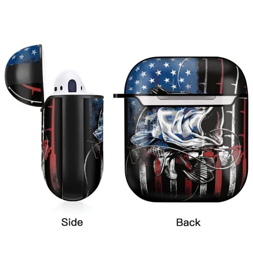 Fishing American Flag USA Bass Fish for AirPods Case Cover for Airpods 1&2, Wireless/Wired Charging Protective AirPods Case with Keychain Black