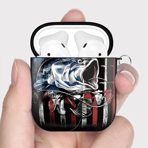 Fishing American Flag USA Bass Fish for AirPods Case Cover for Airpods 1&2, Wireless/Wired Charging Protective AirPods Case with Keychain Black