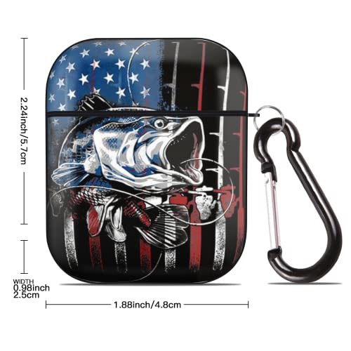 Fishing American Flag USA Bass Fish for AirPods Case Cover for Airpods 1&2, Wireless/Wired Charging Protective AirPods Case with Keychain Black