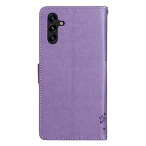 Samsung Galaxy A13 5G Wallet Case - Love Tree Cat Embossed PU Leather Flip Cover with Card Slots & Kickstand - Light Purple