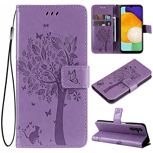 Samsung Galaxy A13 5G Wallet Case - Love Tree Cat Embossed PU Leather Flip Cover with Card Slots & Kickstand - Light Purple