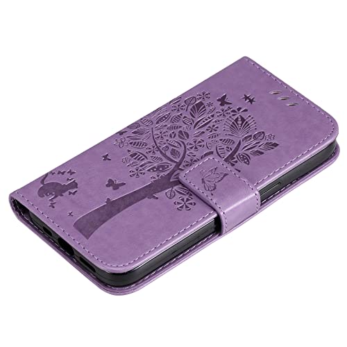 Samsung Galaxy A13 5G Wallet Case - Love Tree Cat Embossed PU Leather Flip Cover with Card Slots & Kickstand - Light Purple