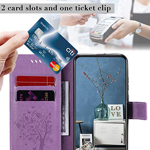 Samsung Galaxy A13 5G Wallet Case - Love Tree Cat Embossed PU Leather Flip Cover with Card Slots & Kickstand - Light Purple